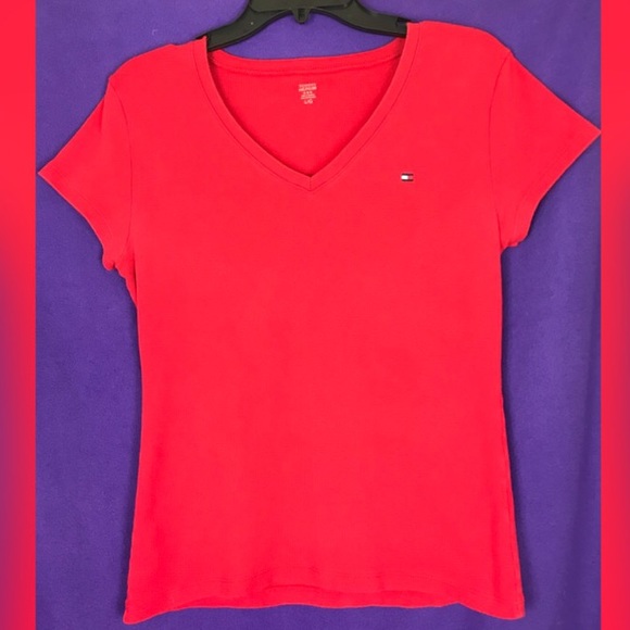 Tommy Hilfiger | Tops | Tommy Hilfiger Red V Neck Tee W Flag Large ...